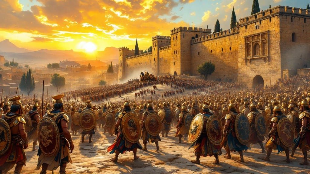 Babylonian army in front of walls of antique Jerusalem, ready to attack ...