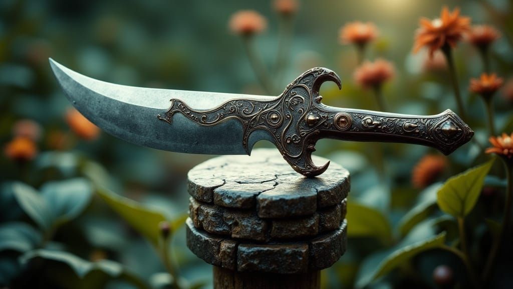Mystical Dagger 'Monk's Kiss' on Ancient Stone Ped... - AI Art