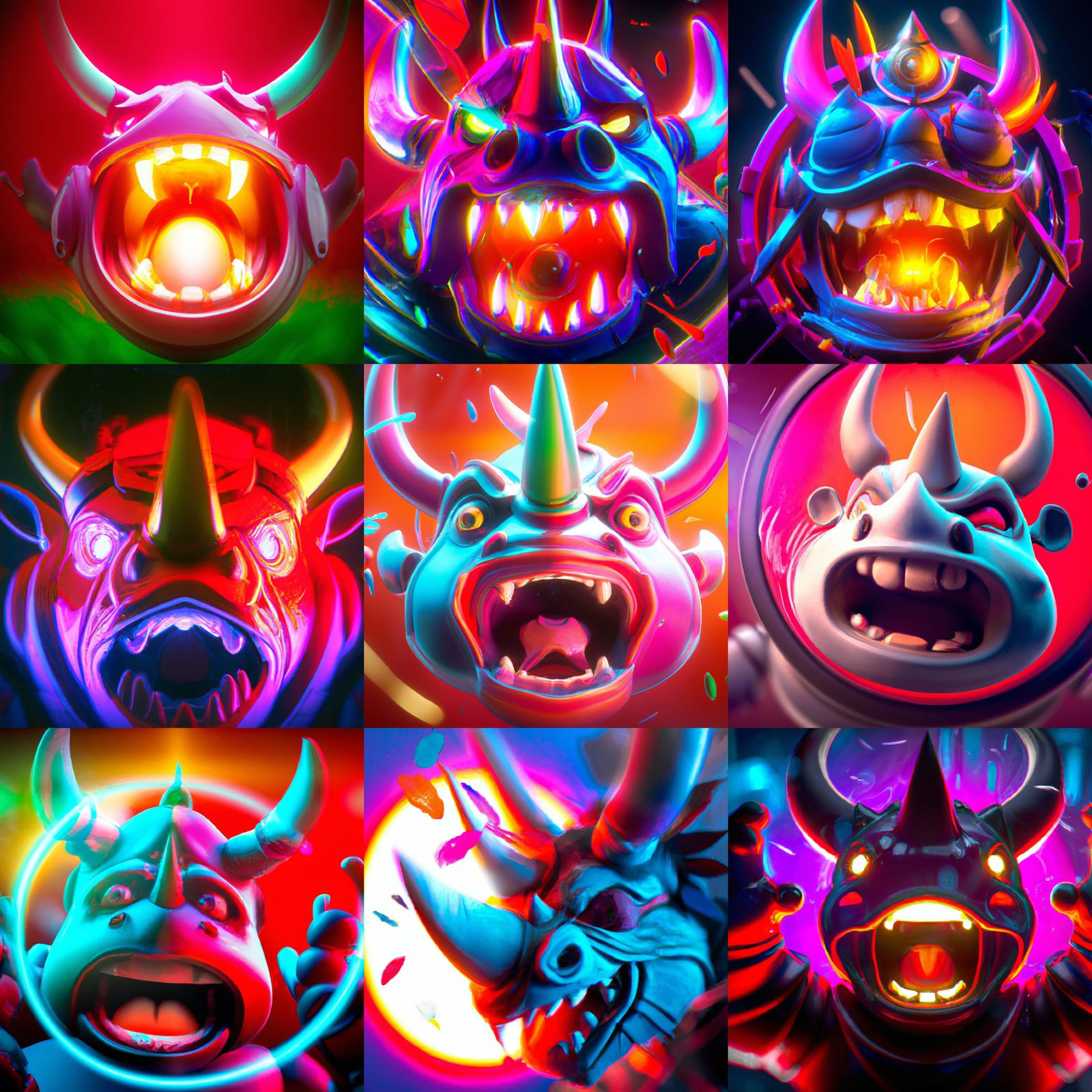 Holographic Glowing Screaming Bloody Face Anime Ninja In Battle Against ...