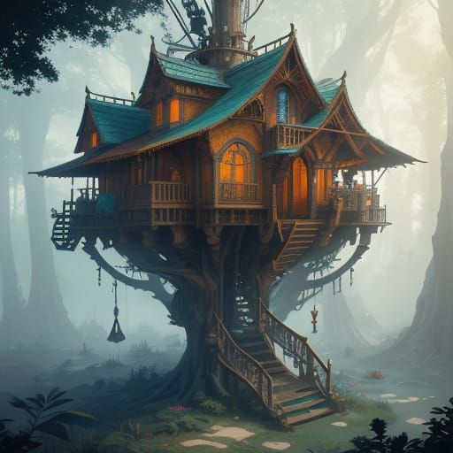 A multi-level treehouse village with ladders, swings, and secret rooms
