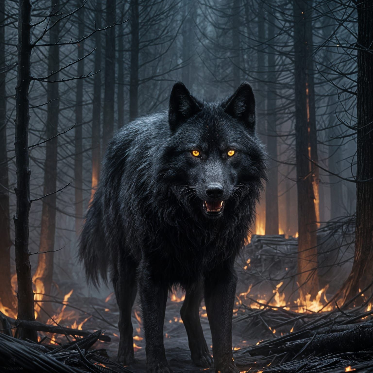 Wolves of Dark - Obsidian Wolf in Fiery Ember Eyes, a Dark a...