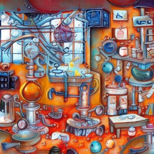 messy hand-drawn painting of a chaotic laboratory with lots of trinkets ...