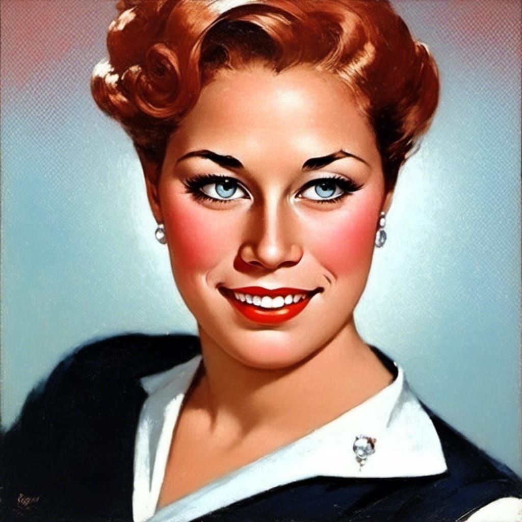 pretty redhead as 1940 glamor girl, red hair, white collared blouse, enchanting blue eyes ...