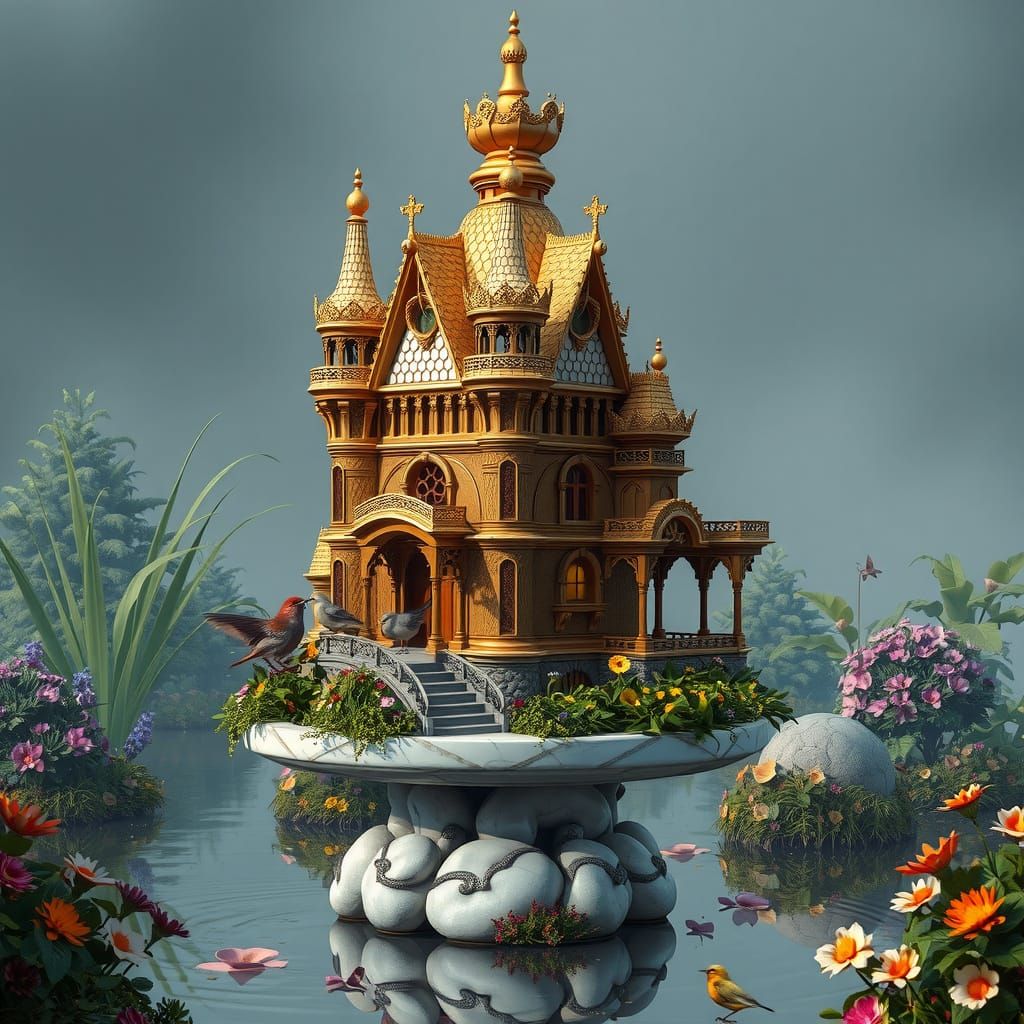 Golden Castle Birdhouse in Pond, Fantasy Art - AI Art
