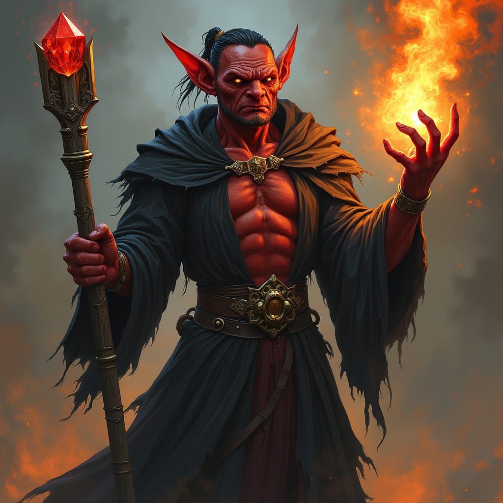 A Hobgoblin Devastator mage wearing a dark robe and casting a firebolt from one hand holding a ...