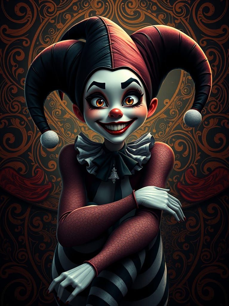 This is a stunning and colorful woman portrait of a whimsical jester in ...