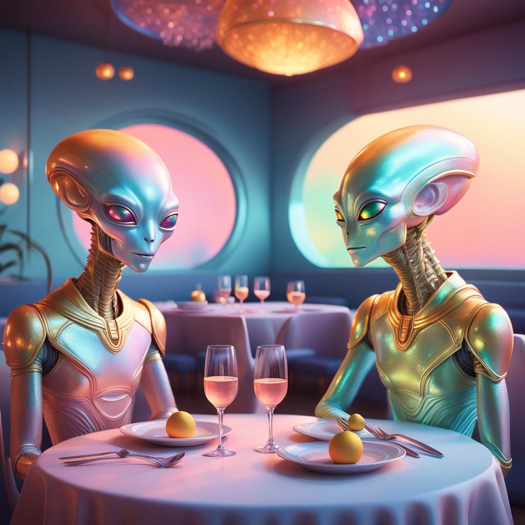 Futuristic Aliens on a Dreamy Date in a Golden Hou... - AI Art
