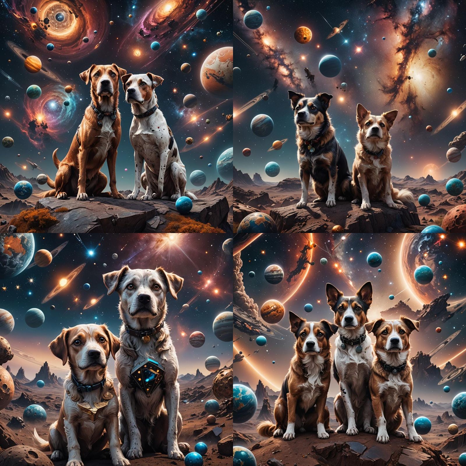2 dogs in the cosmos,wide eyed, and amazed at so many stars and planets ...