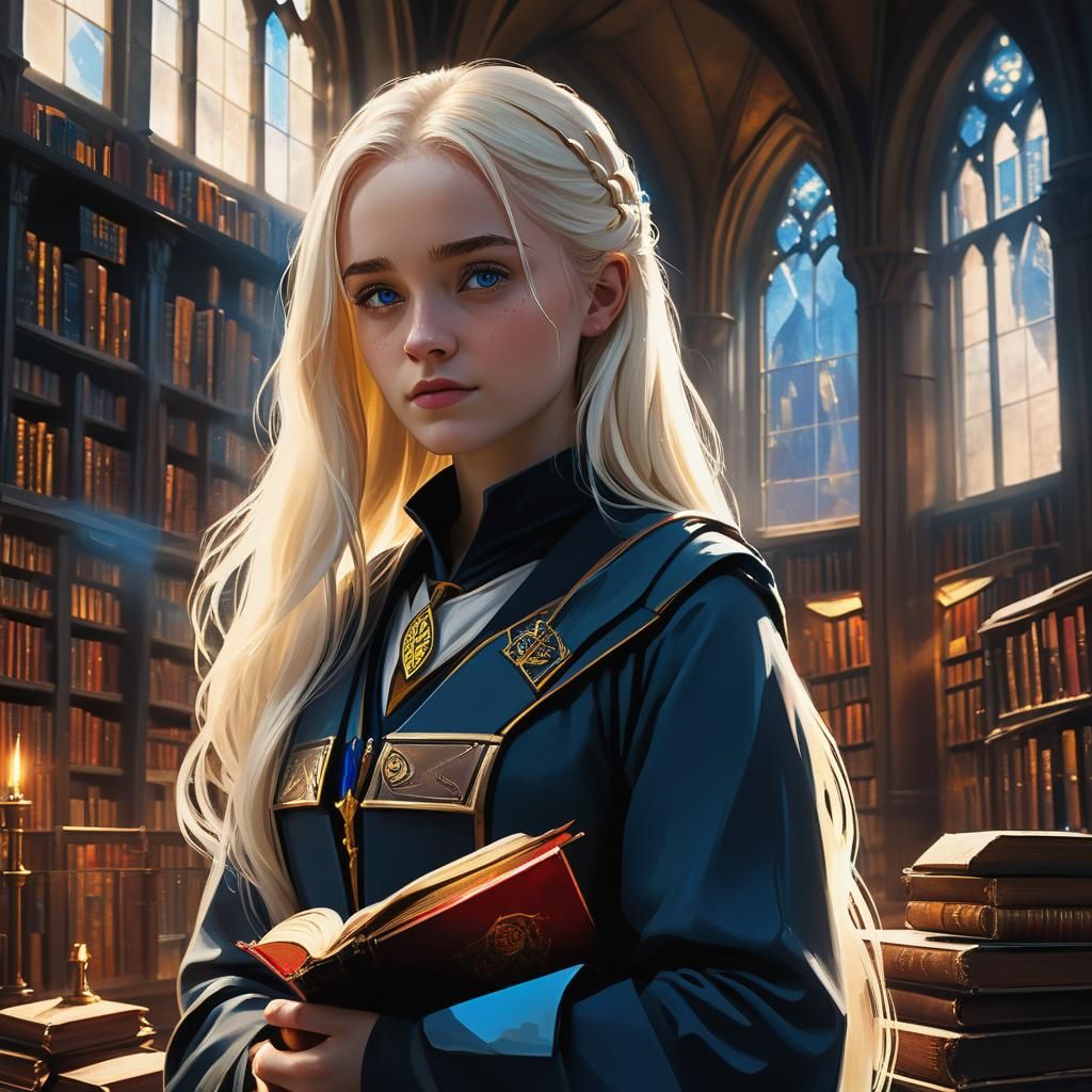 Hogwarts Ravenclaw Student in Mystical Library Set... - AI Art