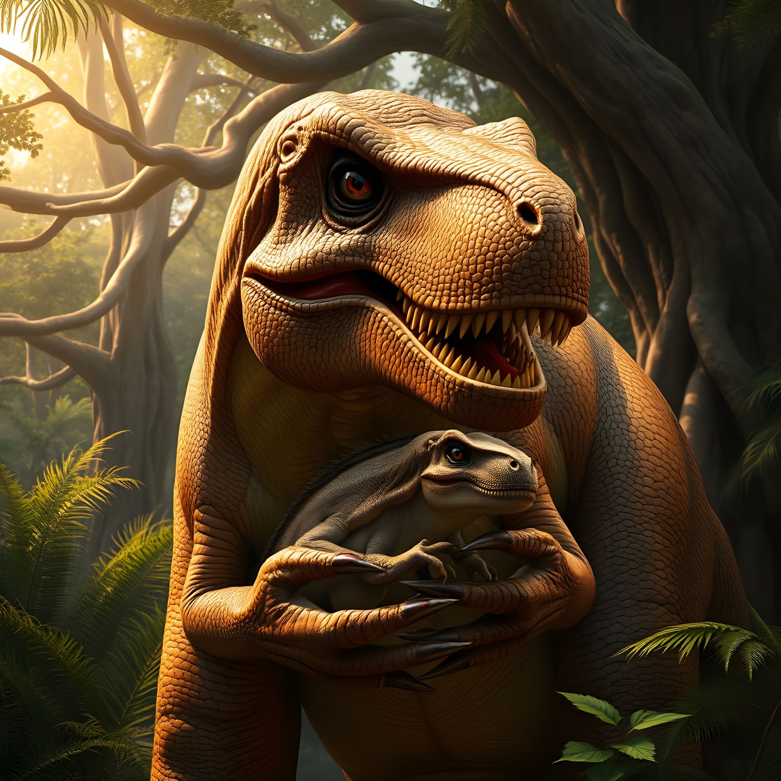 Baby with mama - Gentle Mama T-Rex Cares for Baby in Primeva...