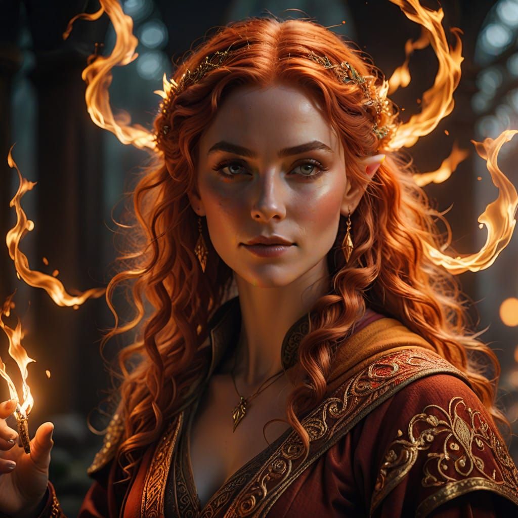 Ethereal Elf Maiden Weaves Fiery Magic in Cinemati... - AI Art