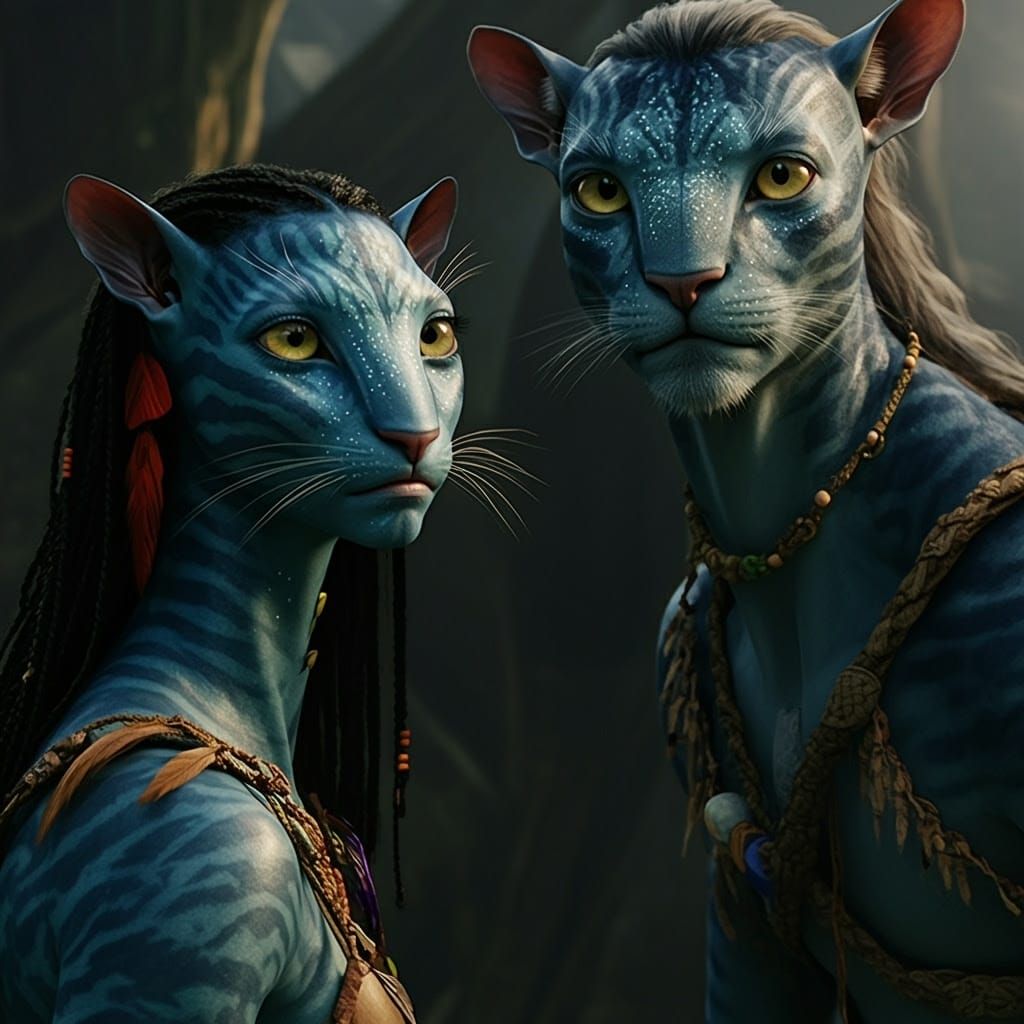 Blue-Skinned Feline Na'vi Friends in Harmony - AI Art
