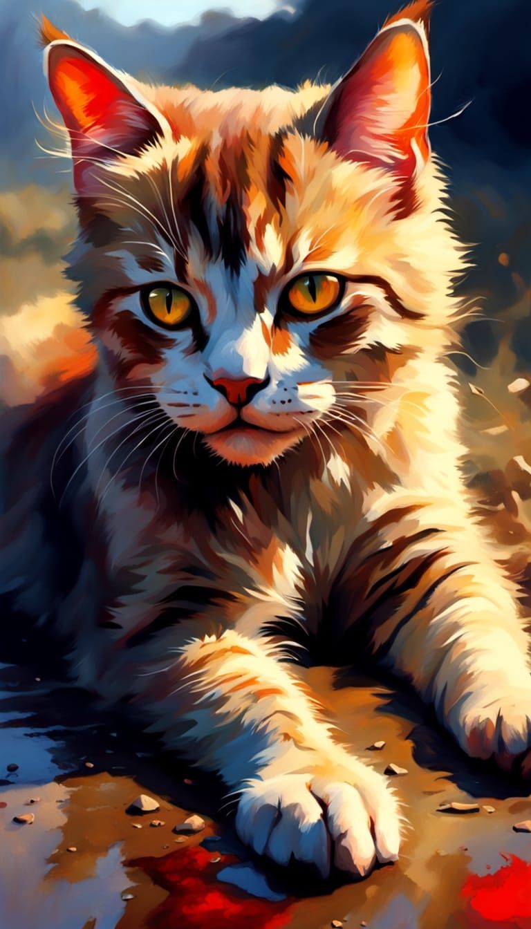 Small Cat in Agony, Impressionist Oil Painting - AI Art
