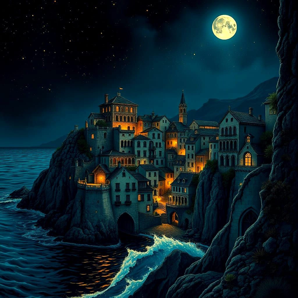 Full Moon - Gothic Coastal Masterpiece with Dramatic Reflect...