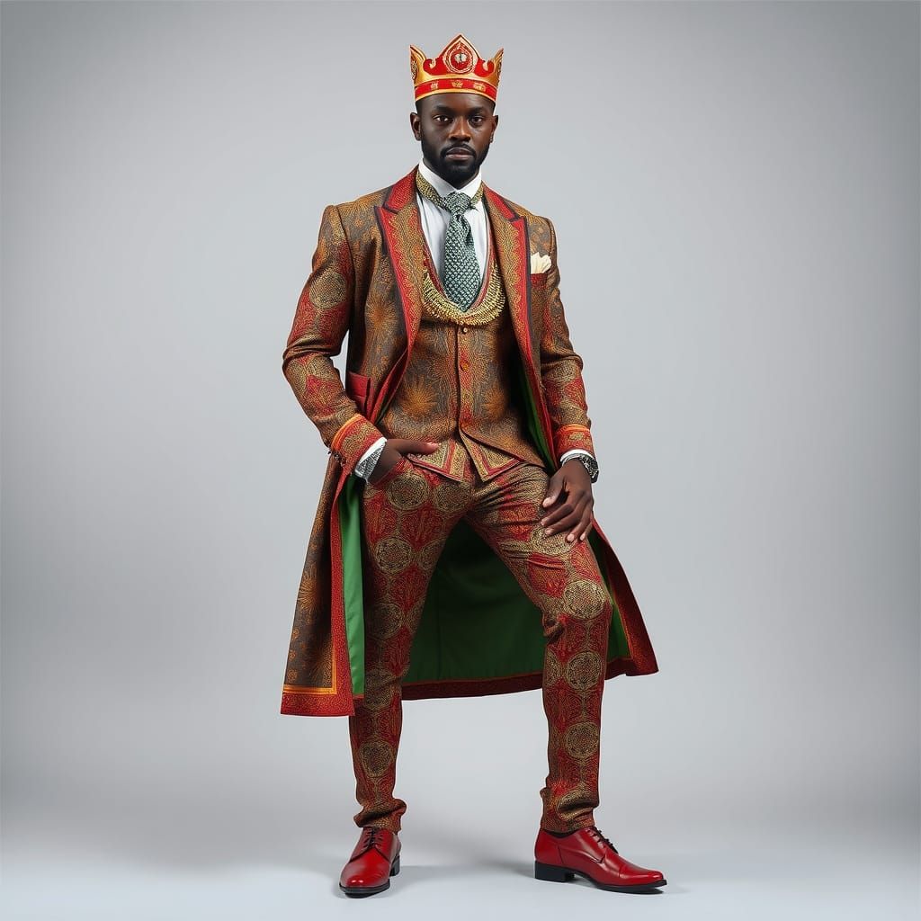 a new style of suit inspired by west African kings garb with a black ...