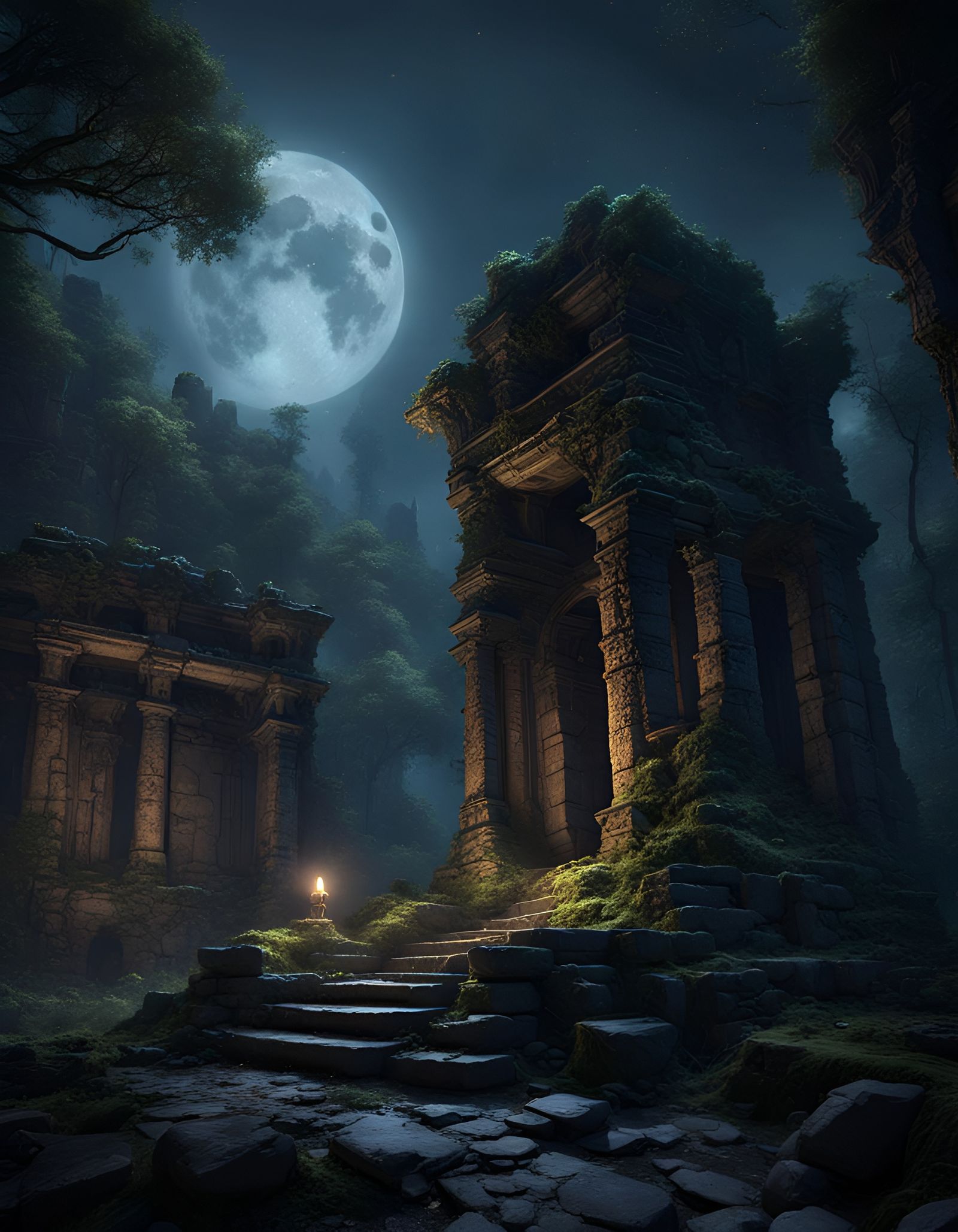"ancient stone ruins in a dark forest on a moonlit night, a masterpiece ...