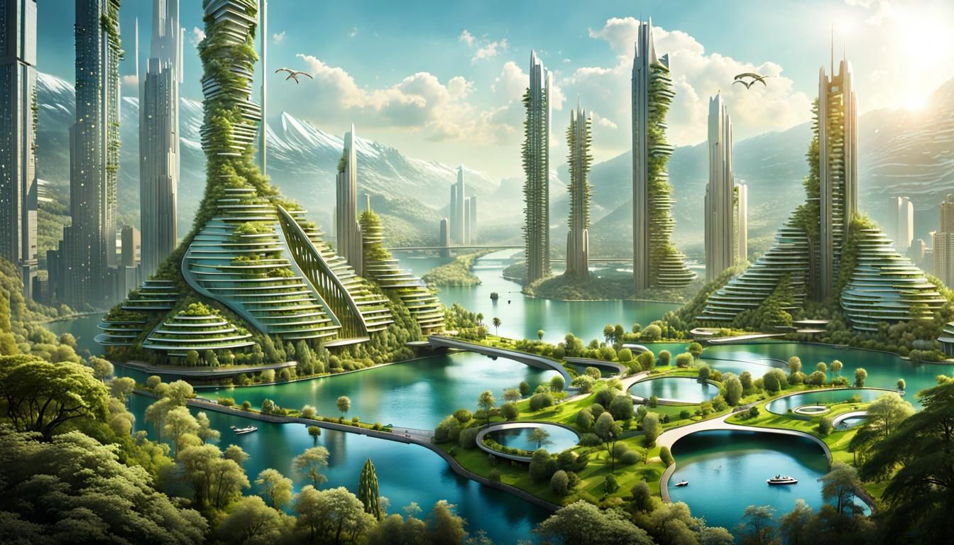 Thriving futuristic utopian metropolis integrated into valley landscape ...