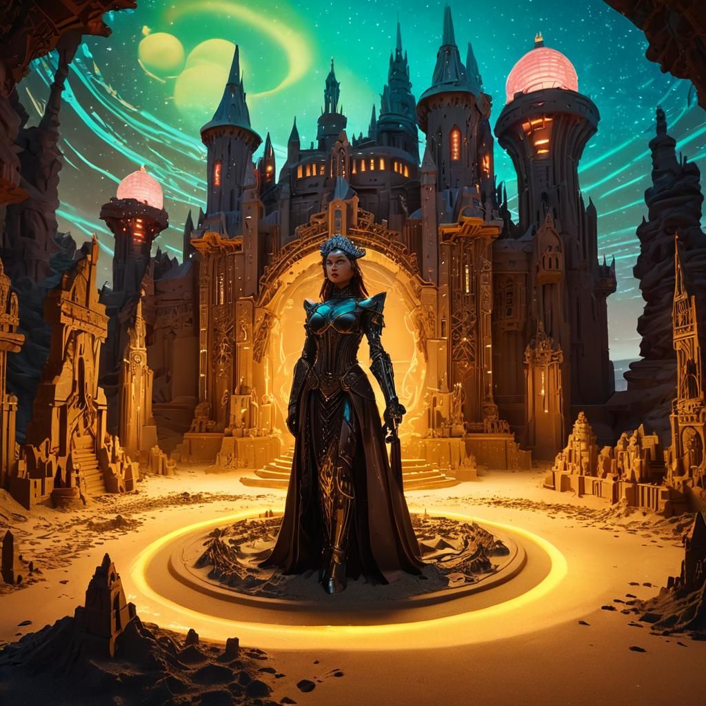 Cyberpunk Goddess at the Alien Castle Portal