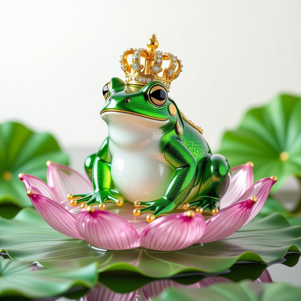 A majestic translucent green glittering glass frog with intricate ...