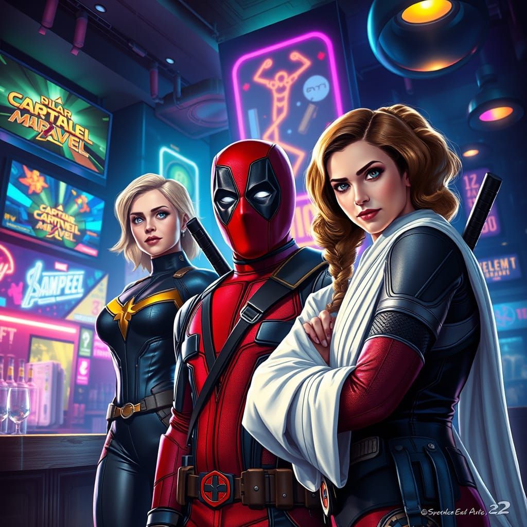 Captain Marvel, Leia, and Deadpool in Neon Bar - AI Art