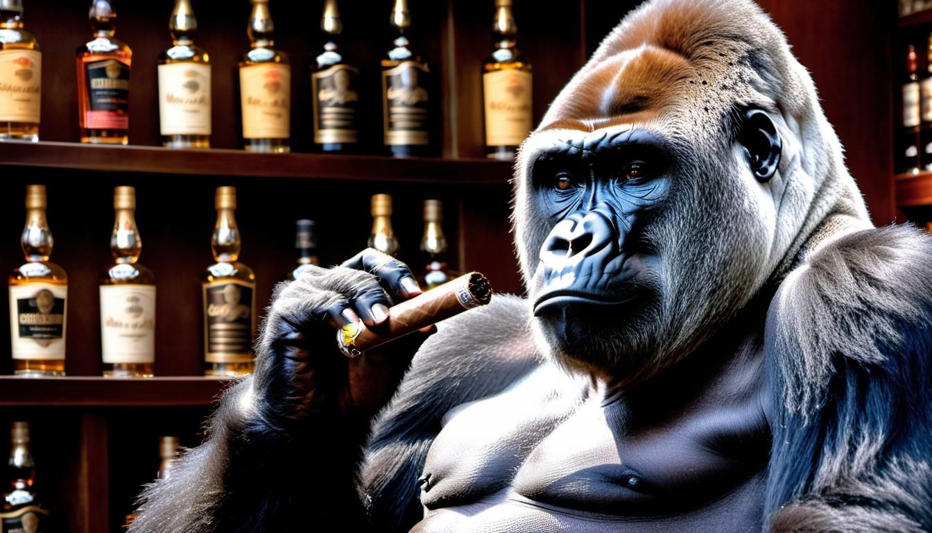 A (((Silver Back Mountain Gorilla ))) in ((Cigar Shop)) drinking a (single malt scotch and ...