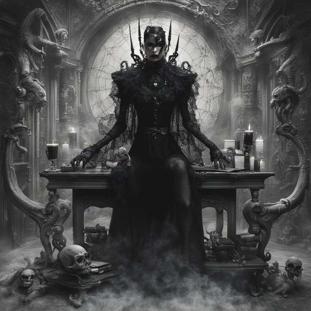 Gothic Fashionista in a Dark, Gritty Coffee Shop - AI Art