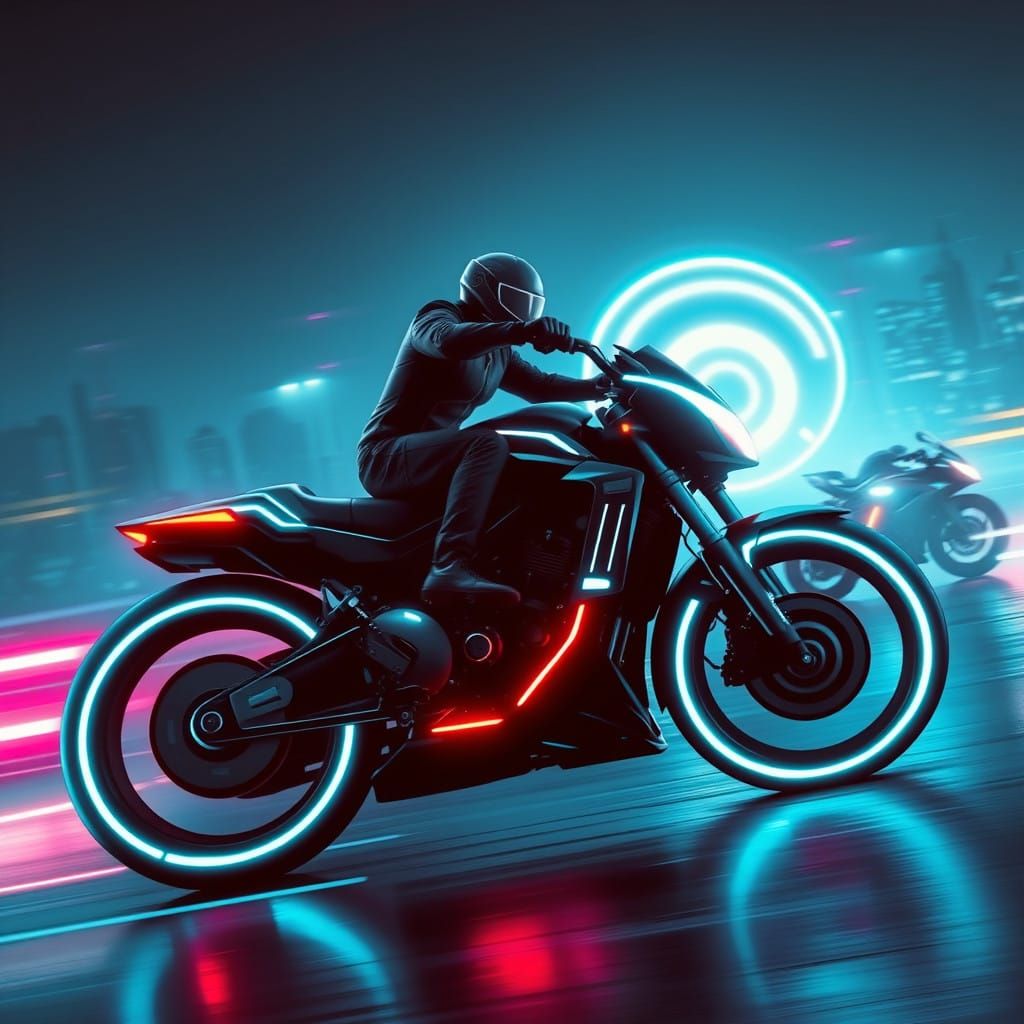 Futuristic Rider in Neon-Lit Cityscape - AI Art