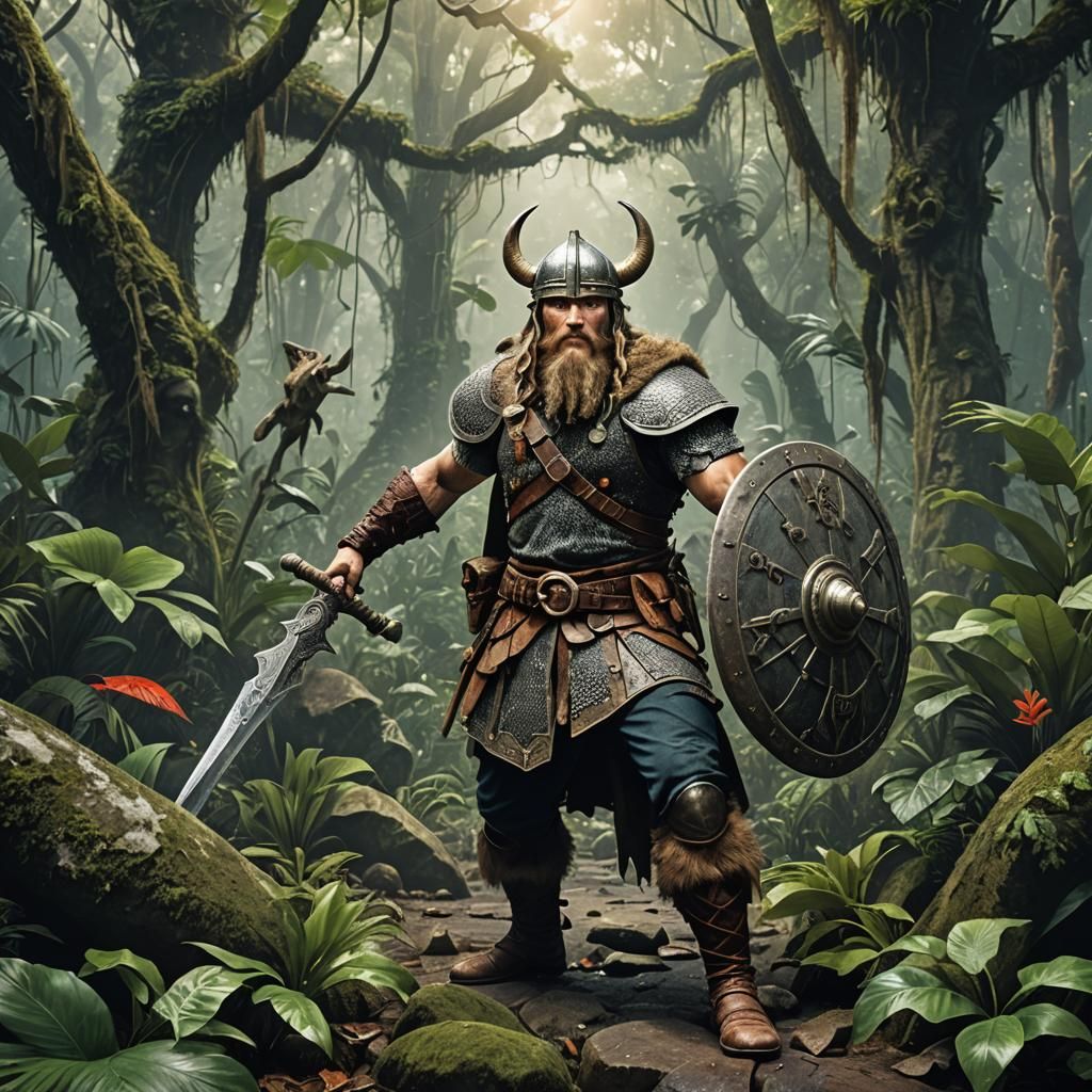 A Viking warrior in full battle gear, exploring the depths of a dense ...