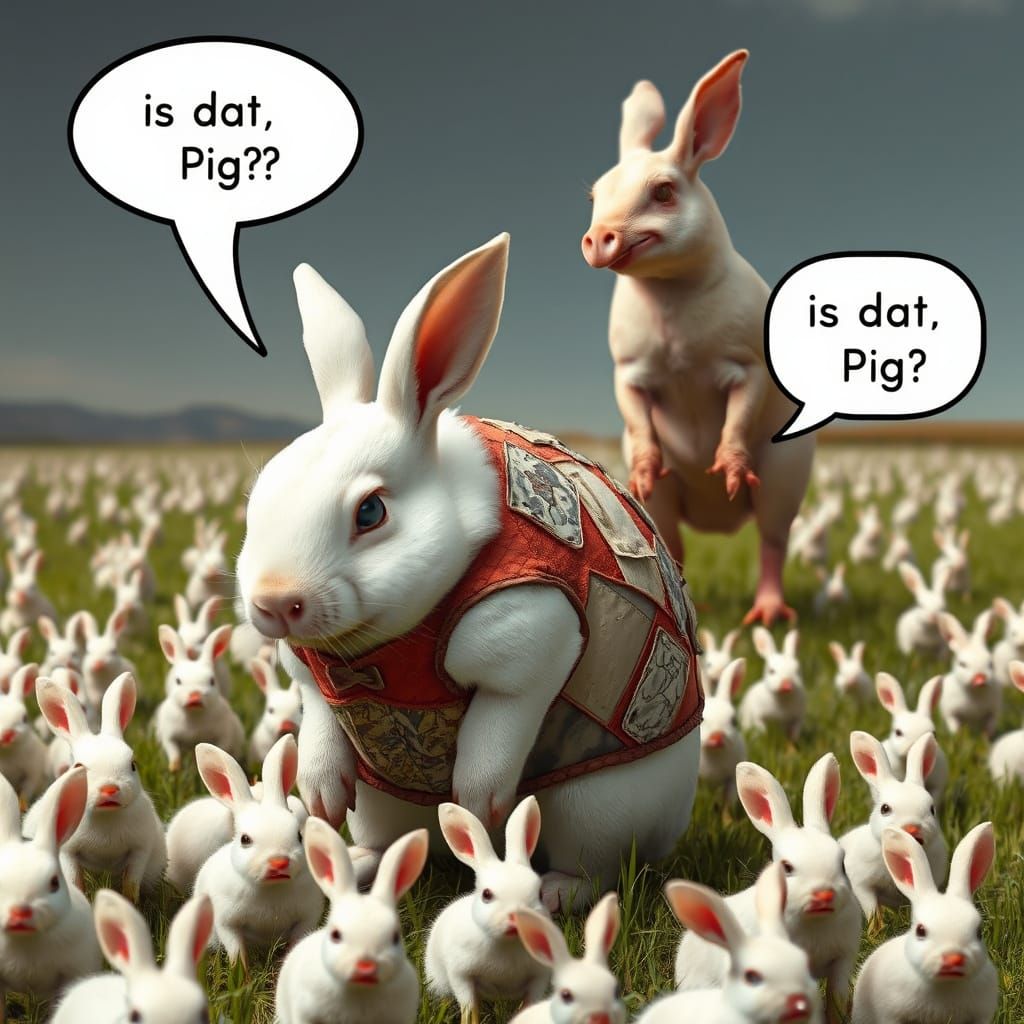 surreal gigantic white rabbit wearing vest made from stitched patches ...