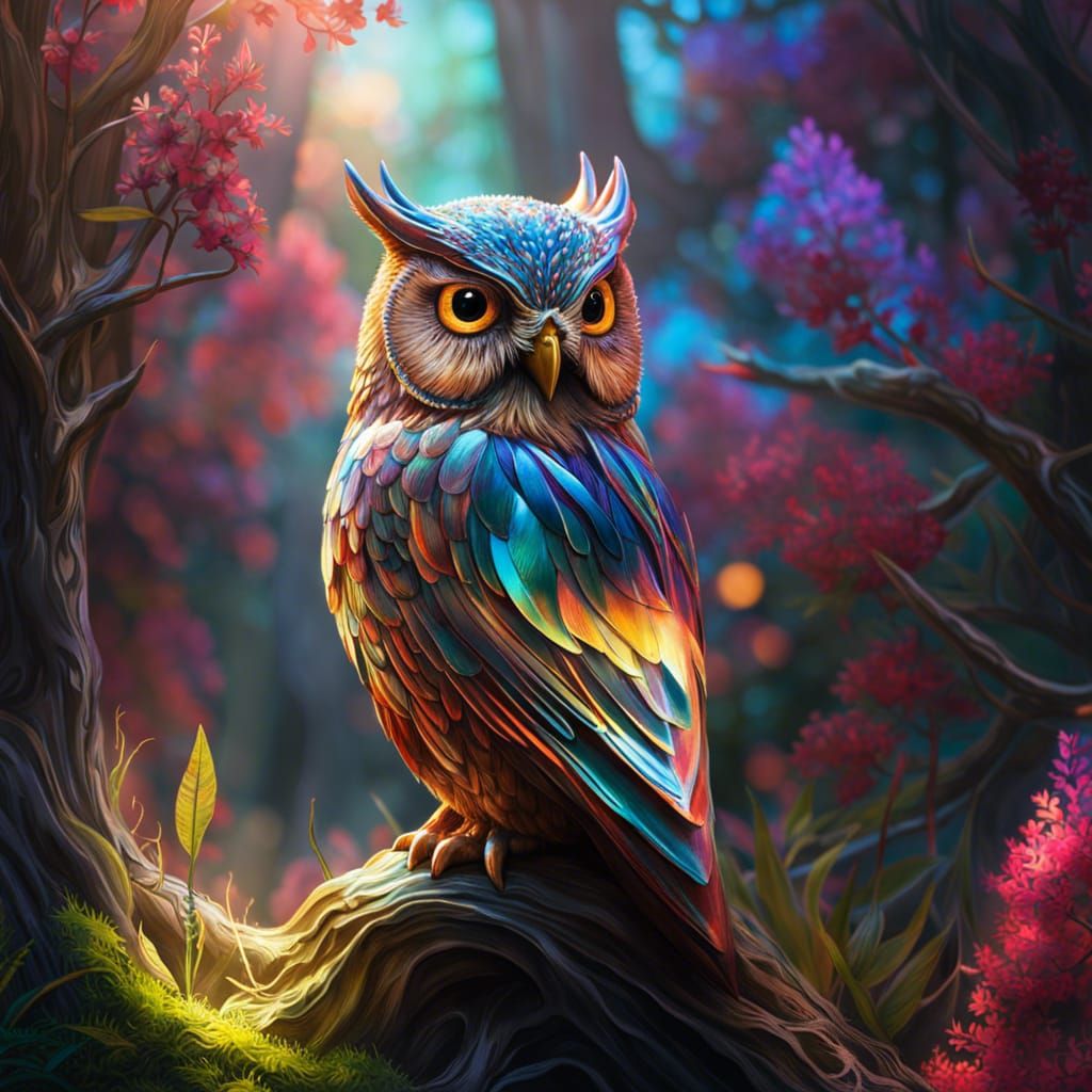 "translucent 'owl figurine' made of blown-glass in a woodland setting ...