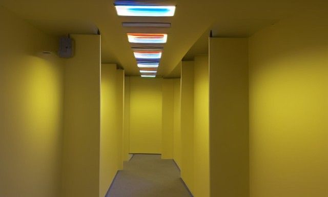 Yellow maze with fluorescent ceiling lights - AI Generated Artwork ...