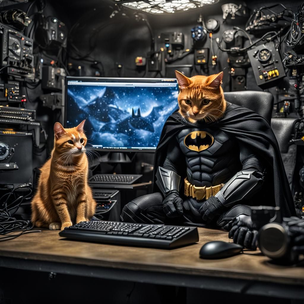 Ginger cat in costume as Batman sitting at a computer in the Batcave ...