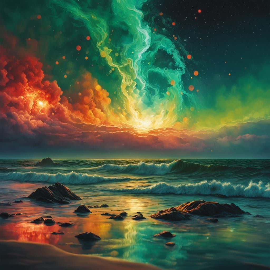 Square Galaxies Reflecting on Sea as Oil Painting - AI Art