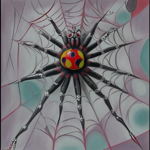 Soft Focus Giant spider web /anthropomorphic spider/surrealism , in the style of Mirò Chagall ...