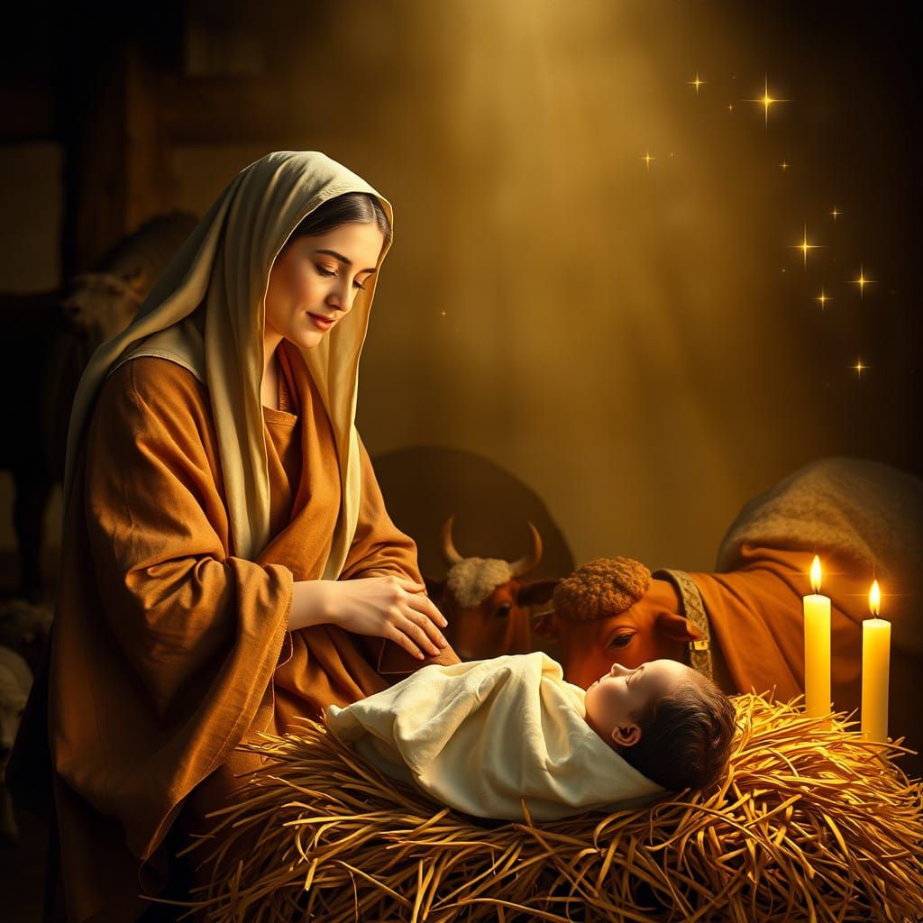 A holy nativity scene featuring Mary and Joseph gazing lovingly at the ...