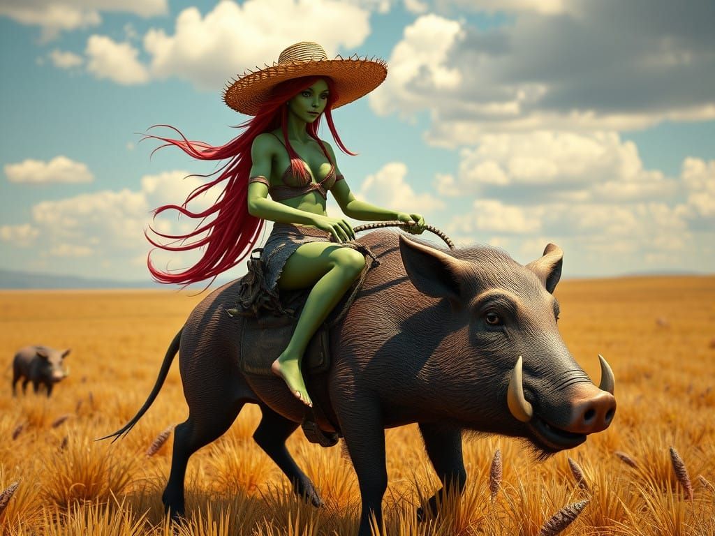 Alien Woman Riding a Razorback thru a Field