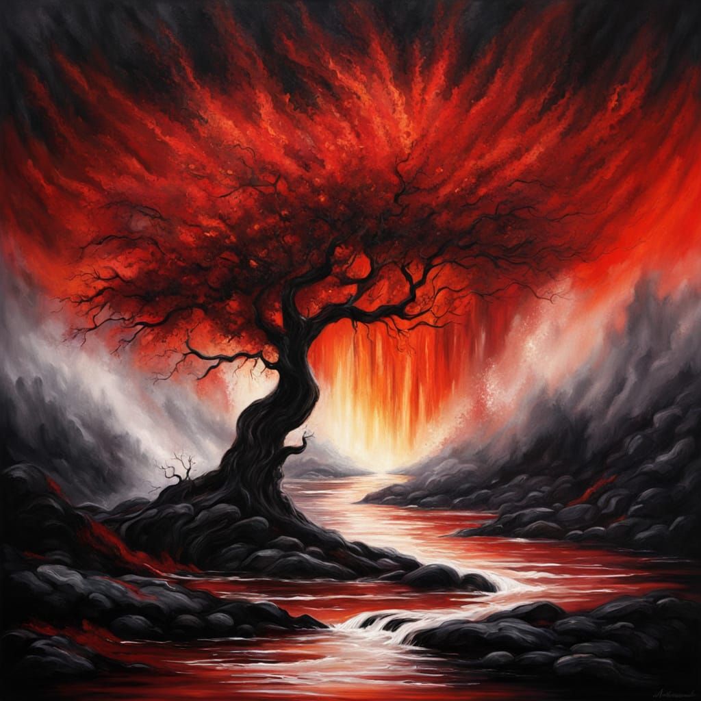 Black and red tree - Dark Fantasy Tree Silhouetted Against F...