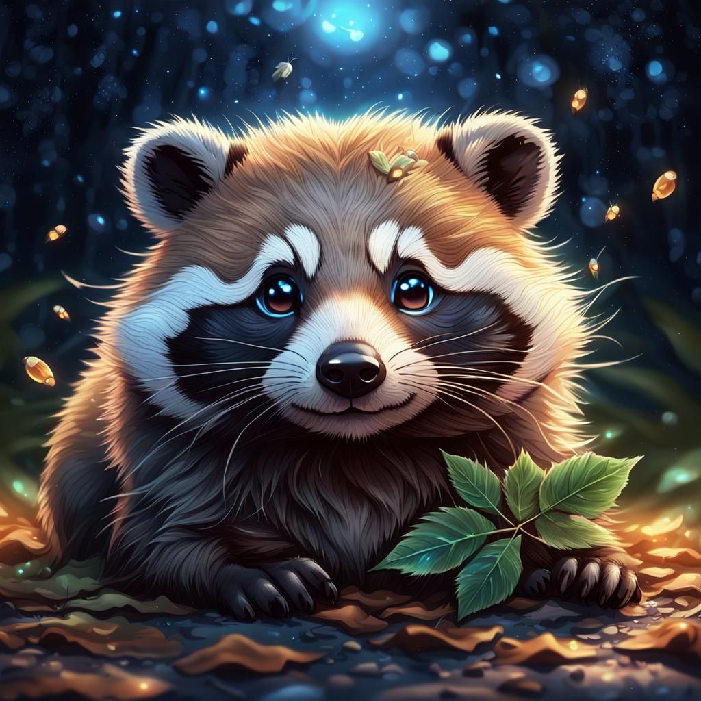 A hyper-realistic digital artwork of an adorable cute tanuki lying on ...