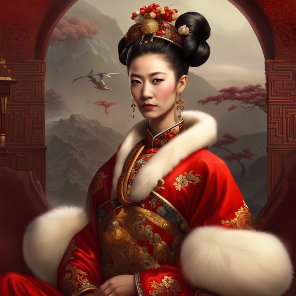 queen of China wearing jewels, with a bun in her hair and wearing a red ...