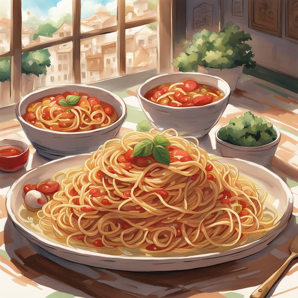 Italian restaurant with bowl of spaghetti cabonara by artist miyazaki ...