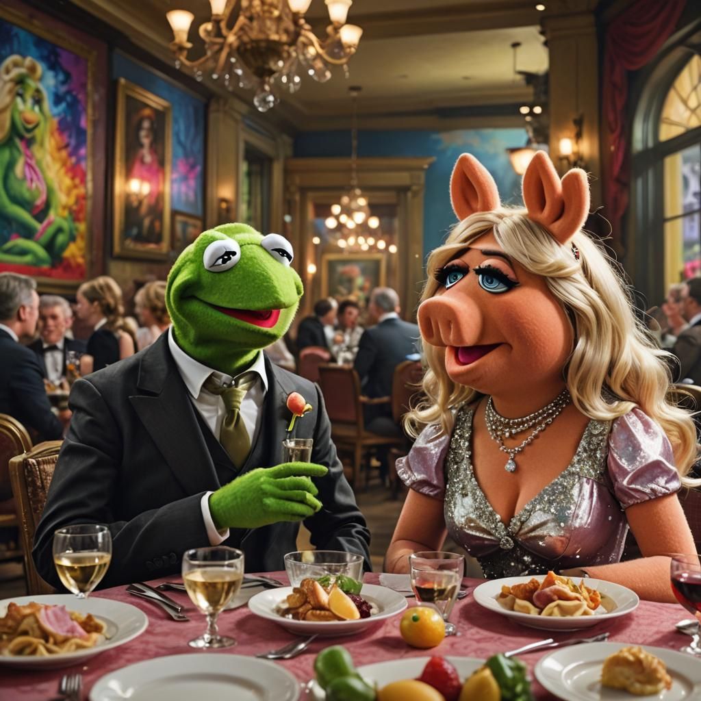 Kermit and Miss Piggy on a date in a fancy restaurant. - AI Generated ...