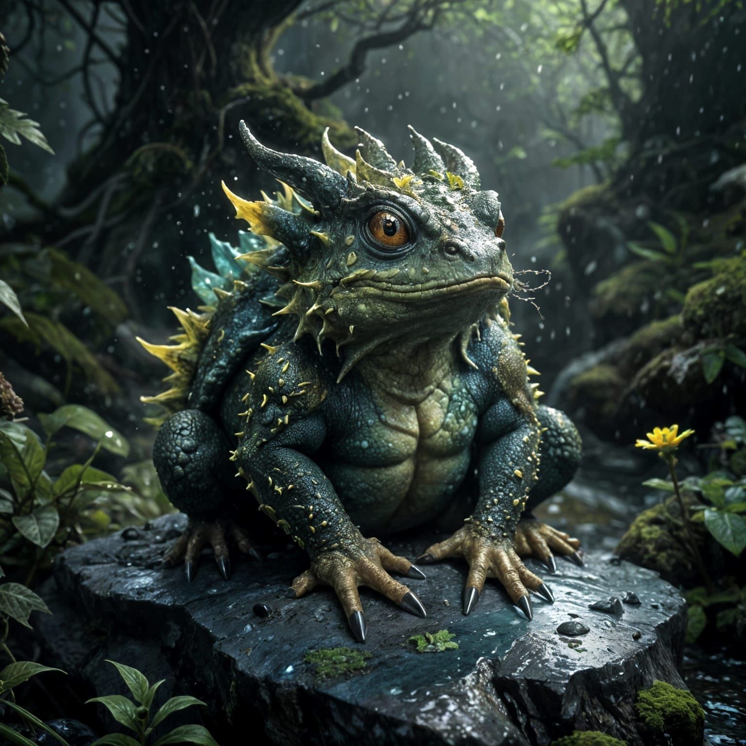 Dragon Toad Amidst Rainy Forest Glory - AI Art