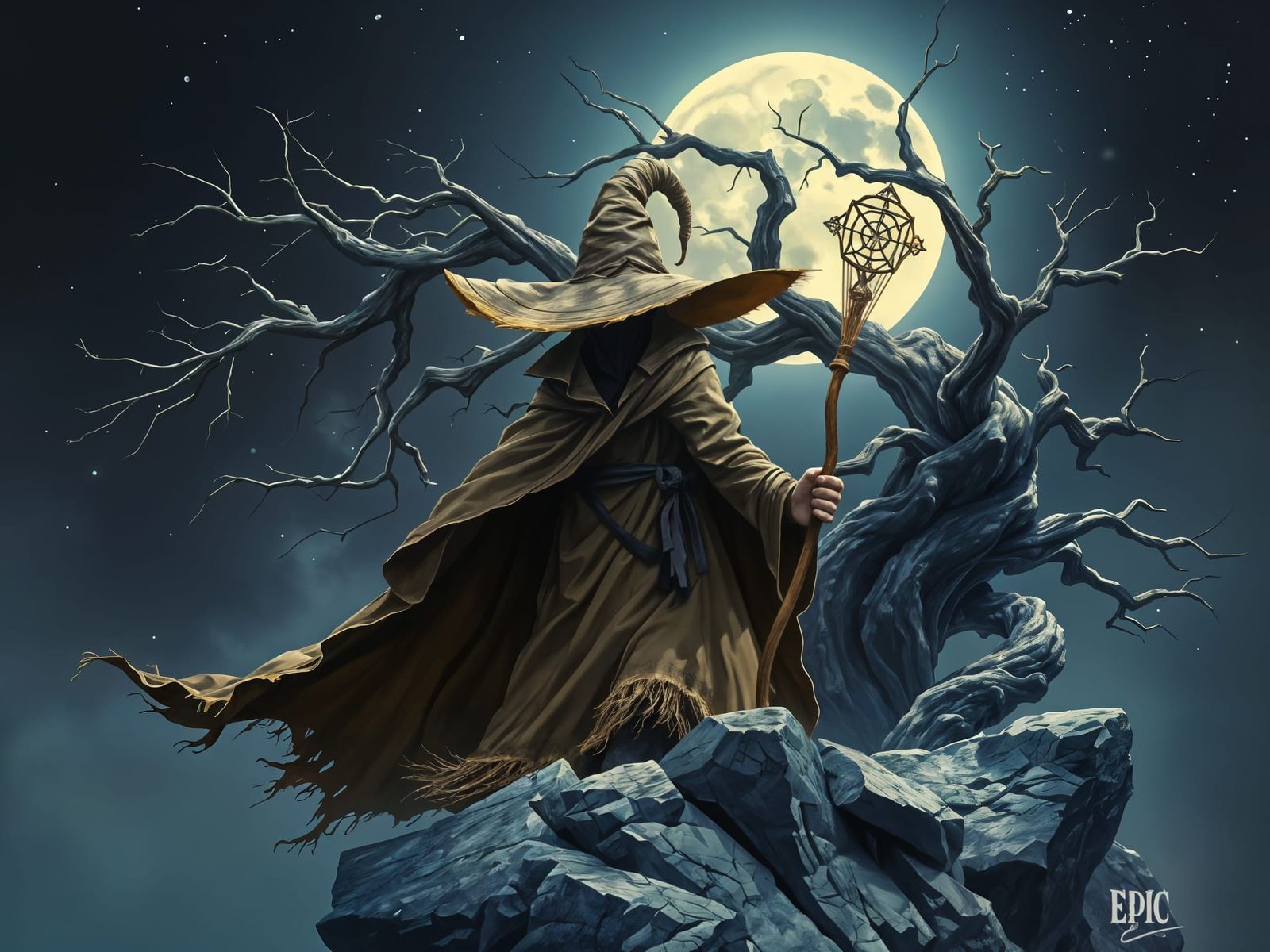 Guardian Wizard - Mysterious Wizard Clings to Staff on Clif...