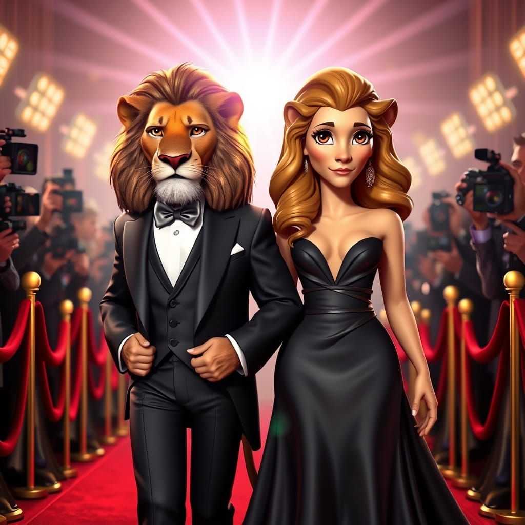 Regal Lion Couple Struts Oscars Red Carpet in Styl... - AI Art