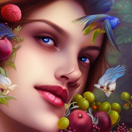 Chargée De fruits légers aux lèvres Parée De mille fleurs variées ...