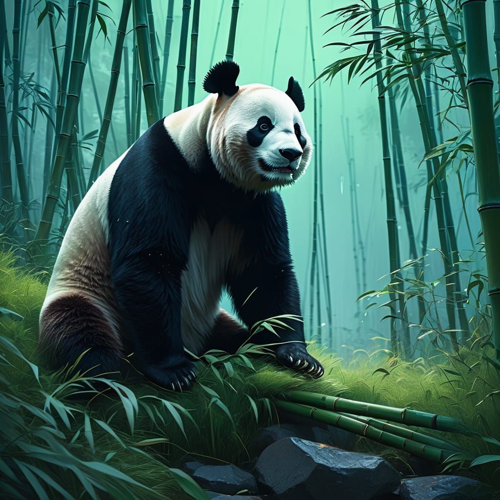 panda - Giant Panda in Misty Bamboo Forest