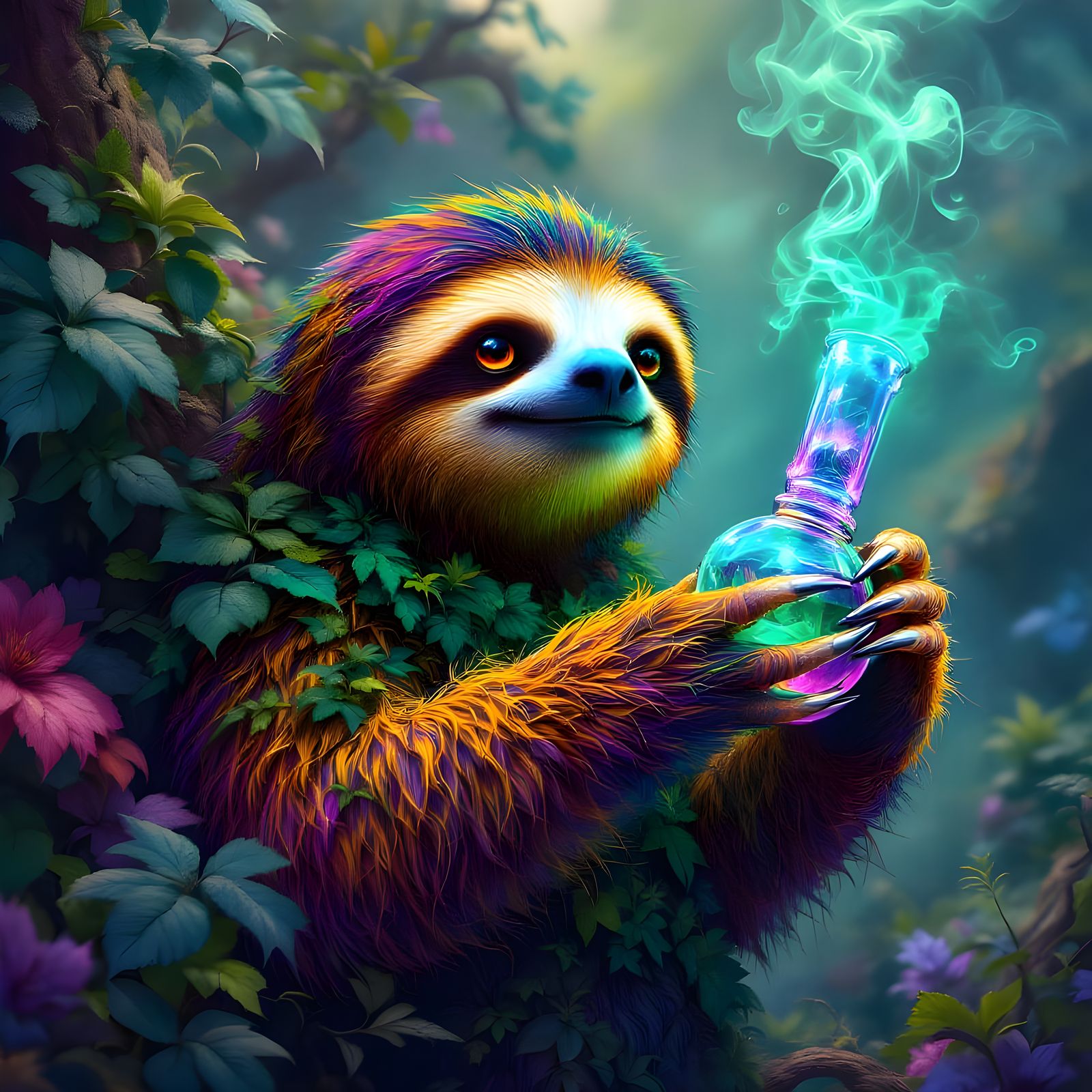 chill sloth - Psychedelic Sloth Smokes in Hyperdetailed Surr...