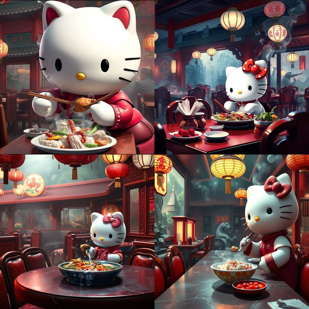 Hello Kitty Dines in a Whimsical Chinese Eatery - AI Art