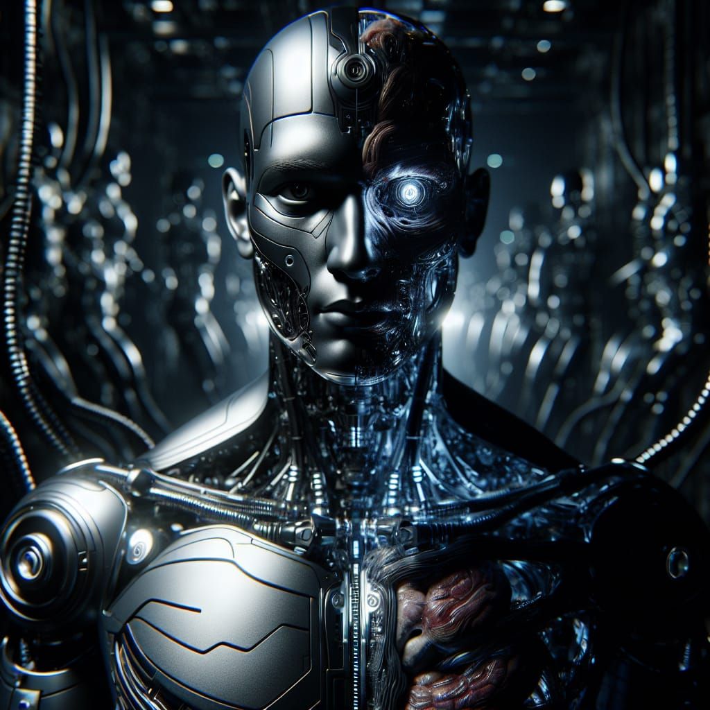 Cyborg half human half robot, dark sci-fi scene, photo realistic - AI ...