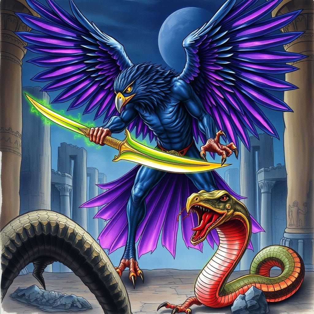 Surreal Anime Hawk God Prepares to Strike Snake De... - AI Art